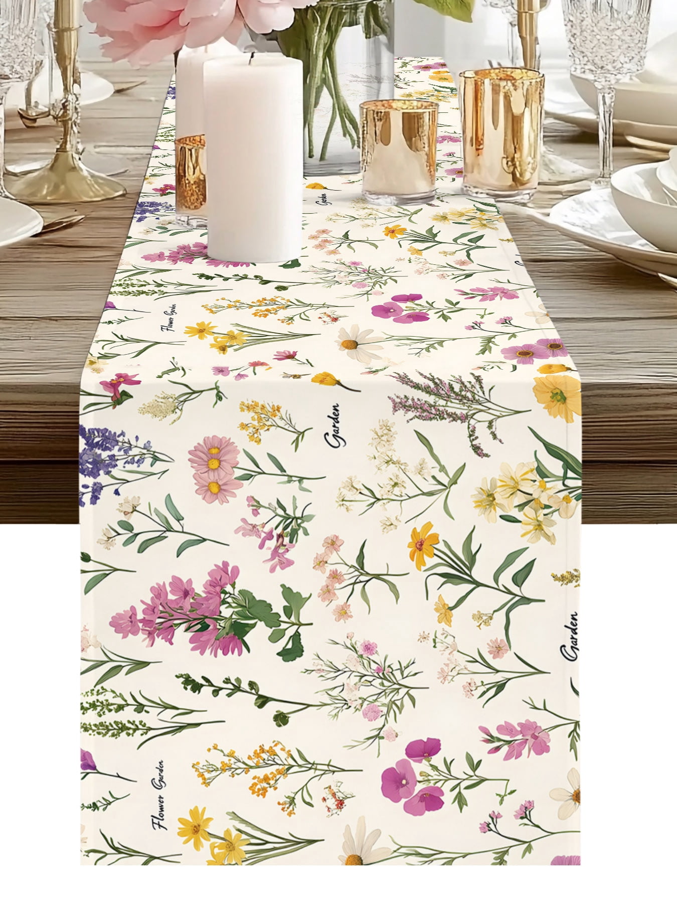 Burlap Table Runner 90 Inches Long, Spring Seamless Blossom Flower Non ...