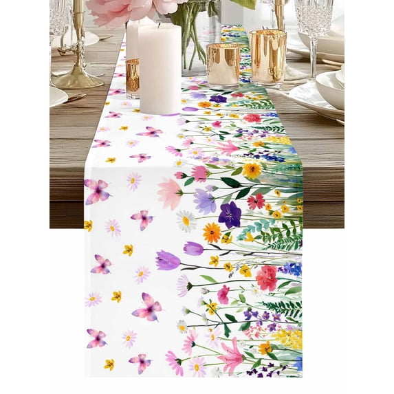 Burlap Table Runner 90 Inches Long, Spring Watercolor Flower Butterfly ...