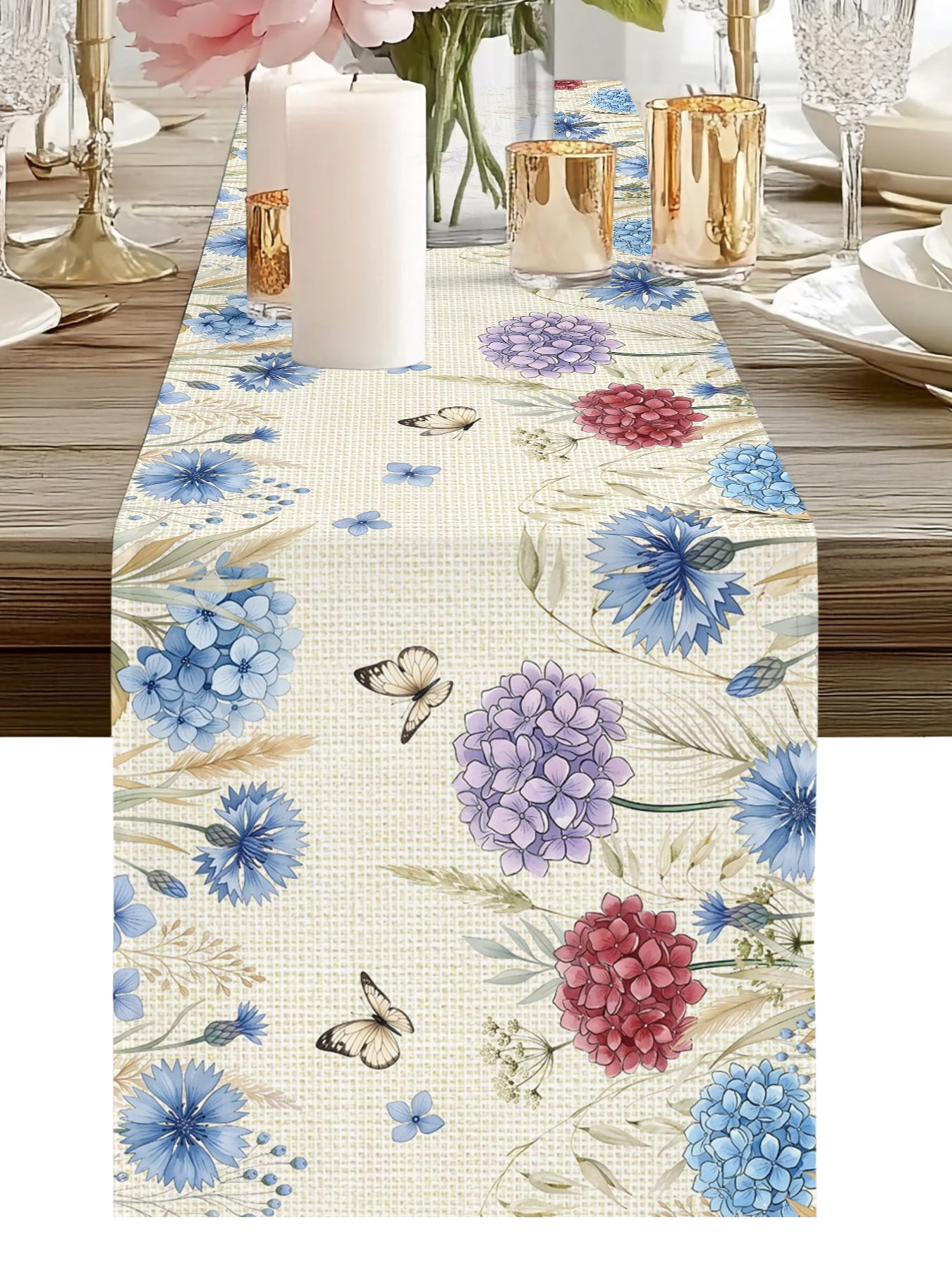 Burlap Table Runner 90 Inches Long, Spring Watercolor Garden Flower Non ...