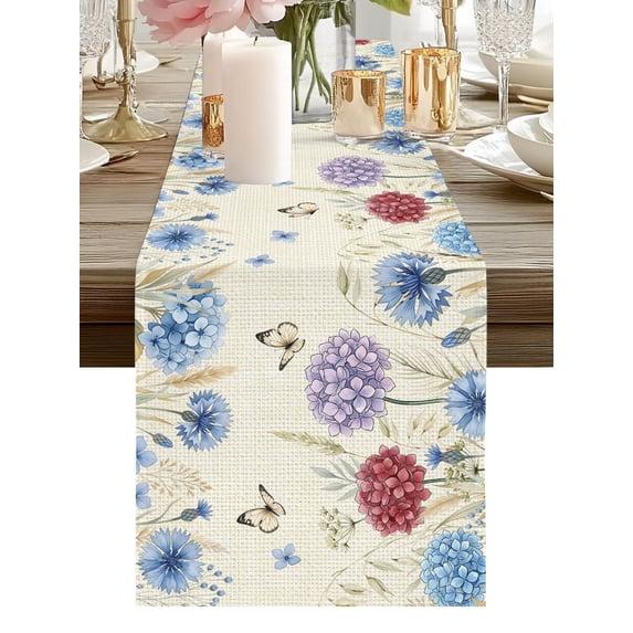 Burlap Table Runner 90 Inches Long, Spring Watercolor Garden Flower Non ...
