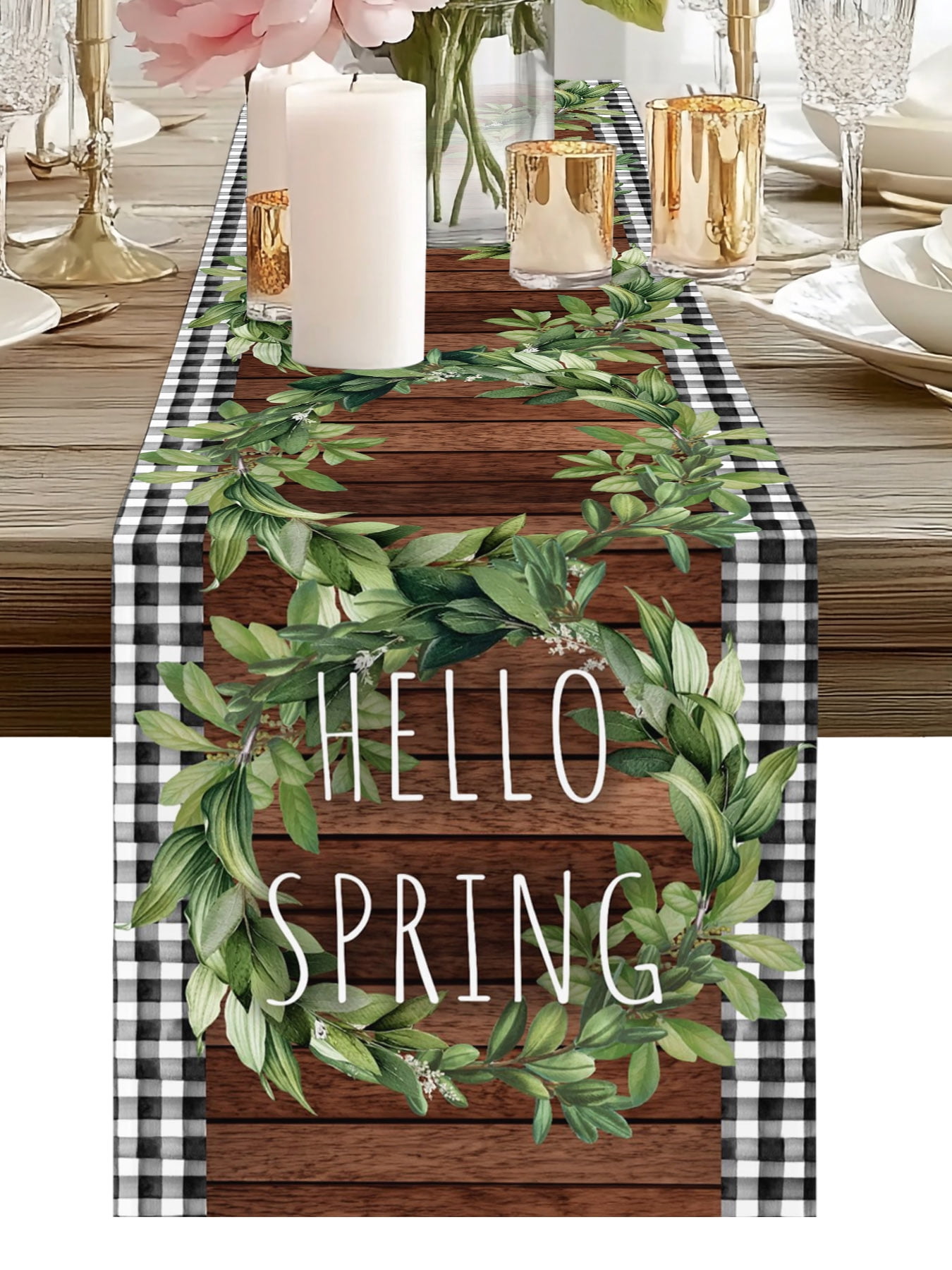 Burlap Table Runner 90 Inches Long, Spring Watercolor Leaves Wreath Non ...