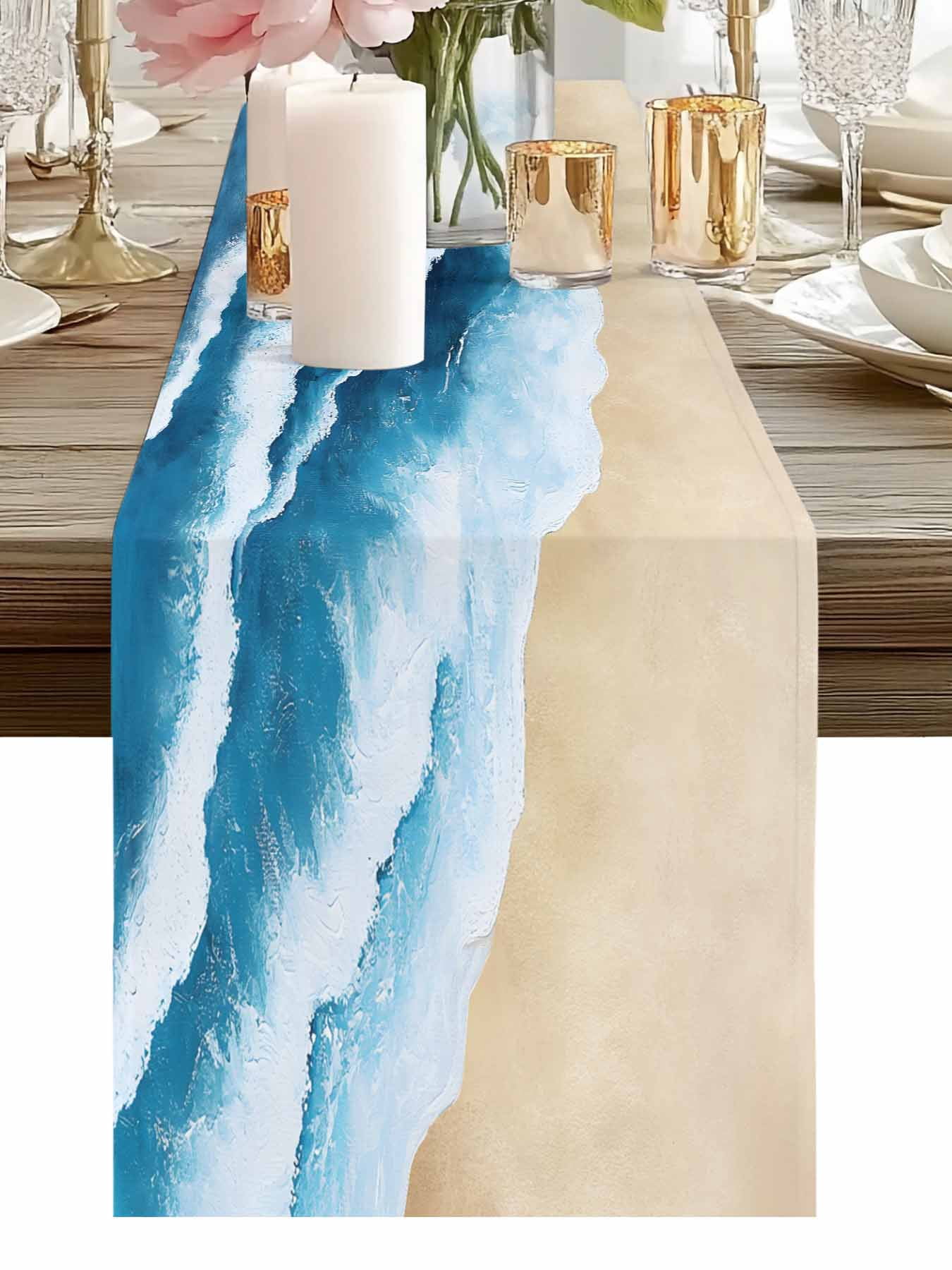 Burlap Table Runner 90 Inches Long, Summer Beach Blue Sea Water Ripple ...