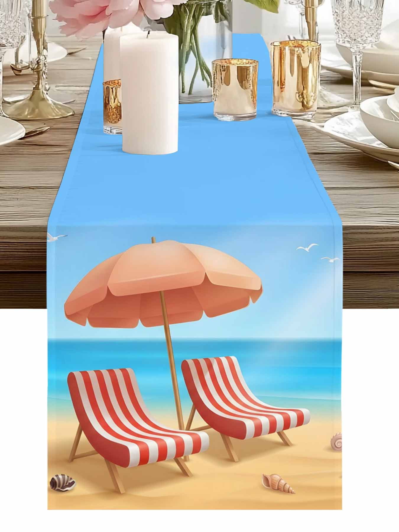 Burlap Table Runner 90 Inches Long, Summer Beach Loungers Blue Sky Non ...