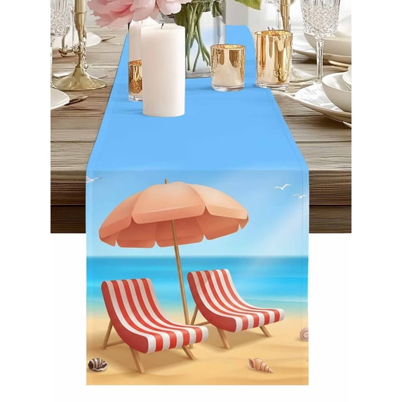 Burlap Table Runner 90 Inches Long, Summer Beach Loungers Blue Sky Non ...