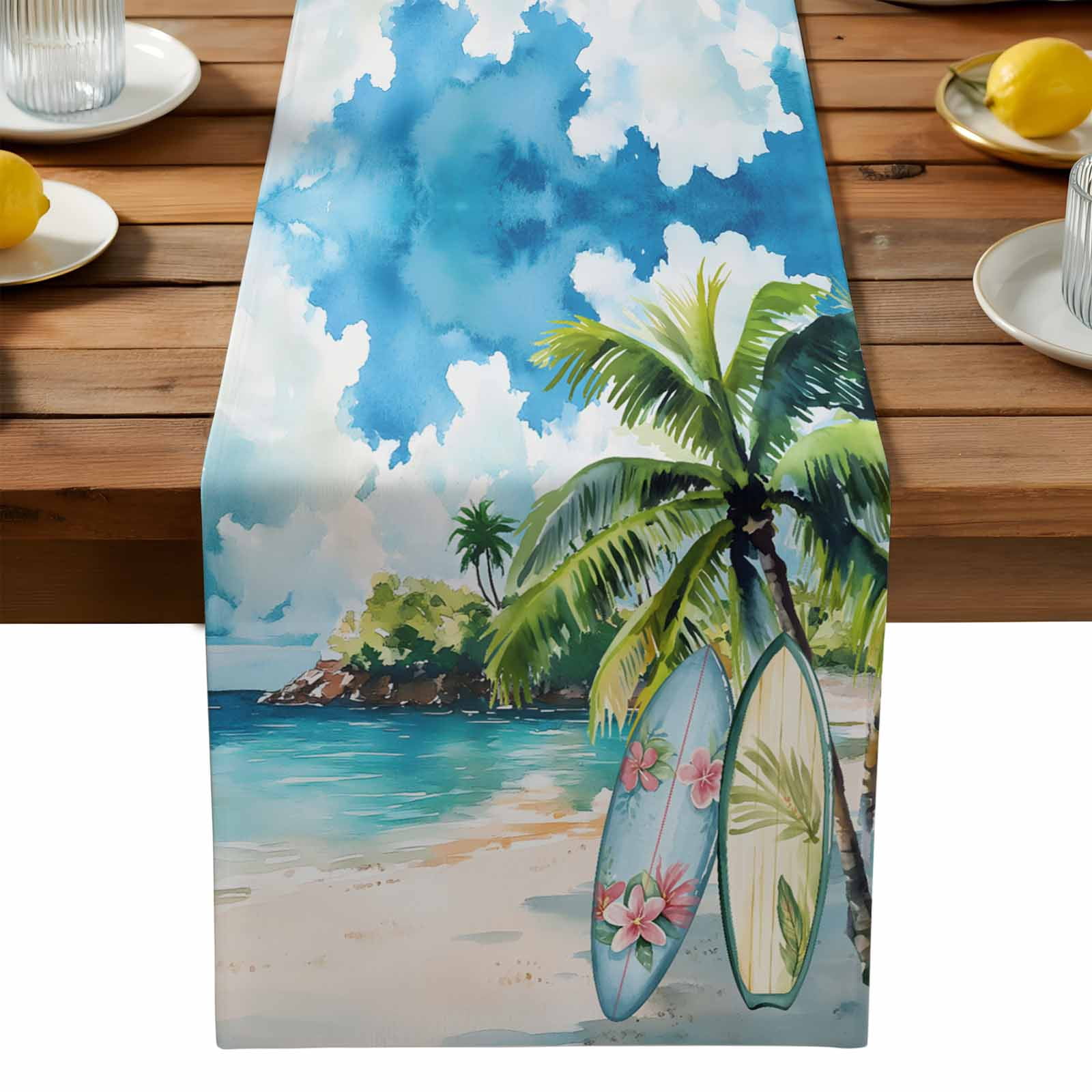 Burlap Table Runner 90 Inches Long, Summer Beach Surfing Coconut Tree ...