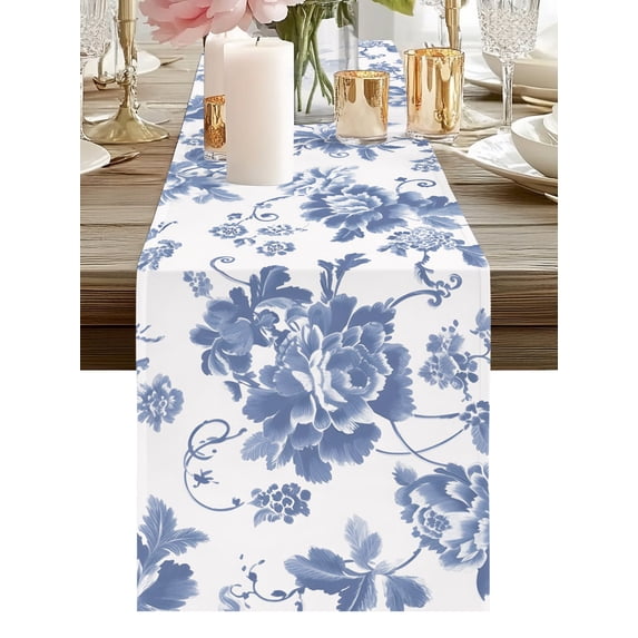 Burlap Table Runner 90 Inches Long, Summer Blue Flower Leaf Non-Slip ...