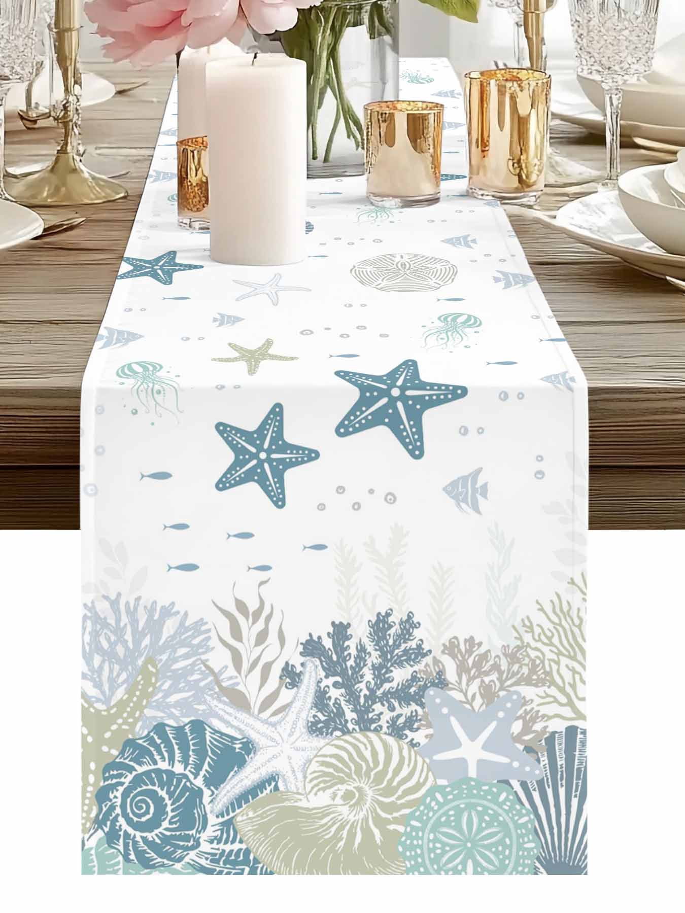 Burlap Table Runner 90 Inches Long, Summer Blue Seashells Starfish ...