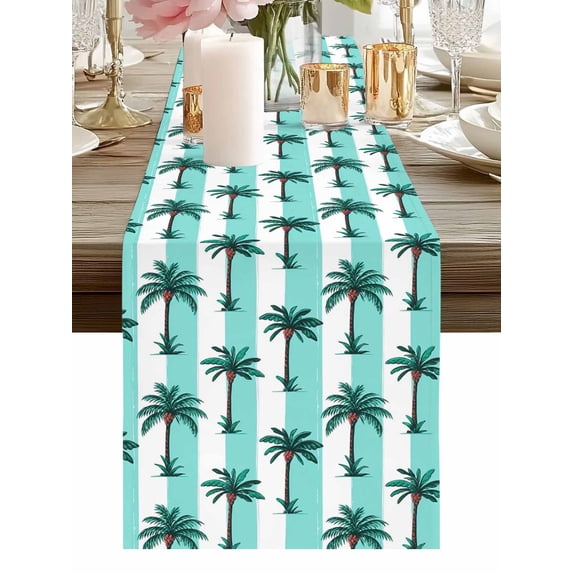 Burlap Table Runner 90 Inches Long, Summer Coconut Tree Teal Stripe Non ...