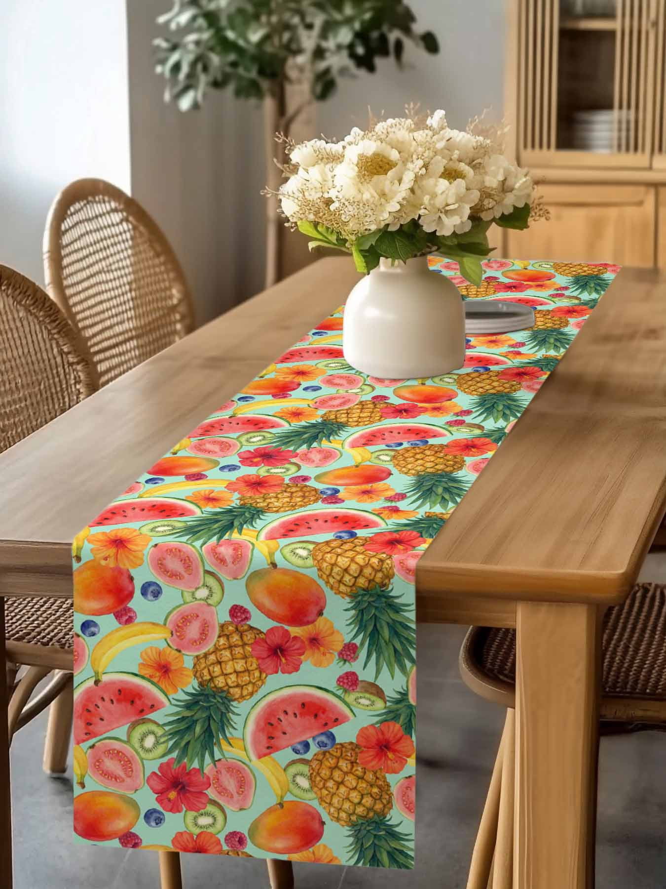 Burlap Table Runner 90 Inches Long, Summer Fruits Watermelon Pineapple ...