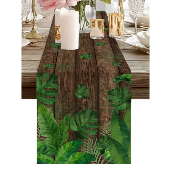 Burlap Table Runner 90 Inches Long, Summer Green Palm Leaves Monstera ...
