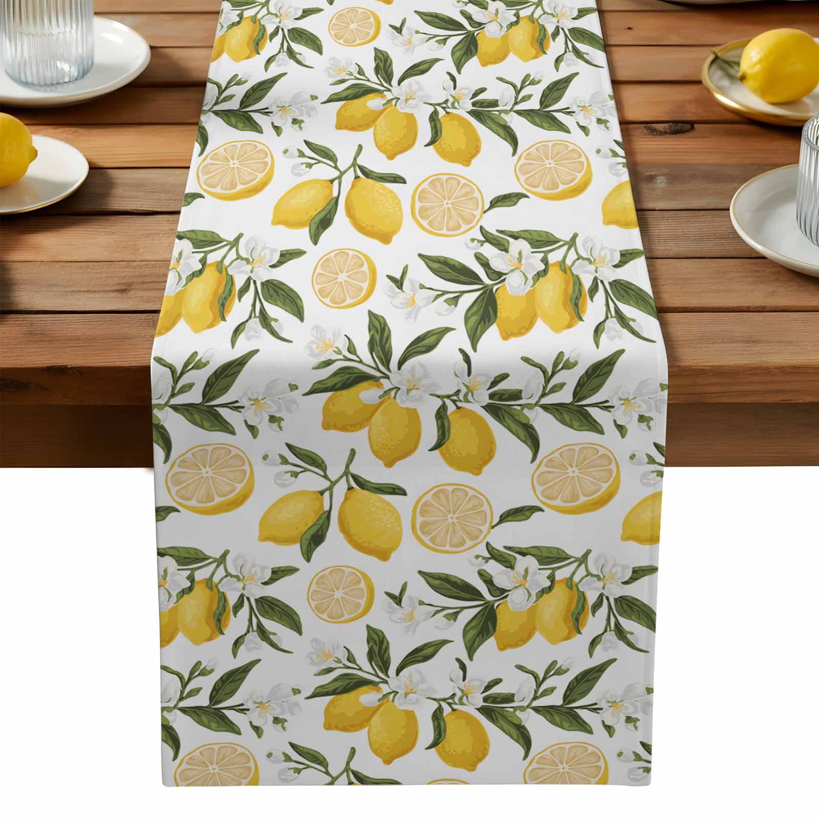 Burlap Table Runner 90 Inches Long, Summer Lemon Flower Green Leaves ...