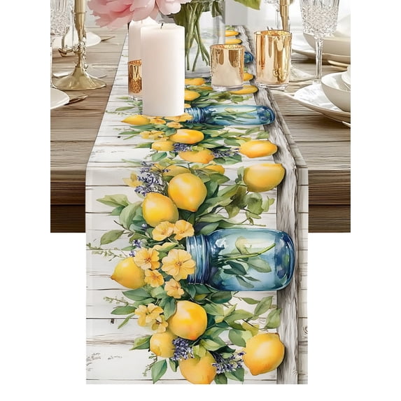 Burlap Table Runner 90 Inches Long, Summer Lemon Flower Green Leaves ...