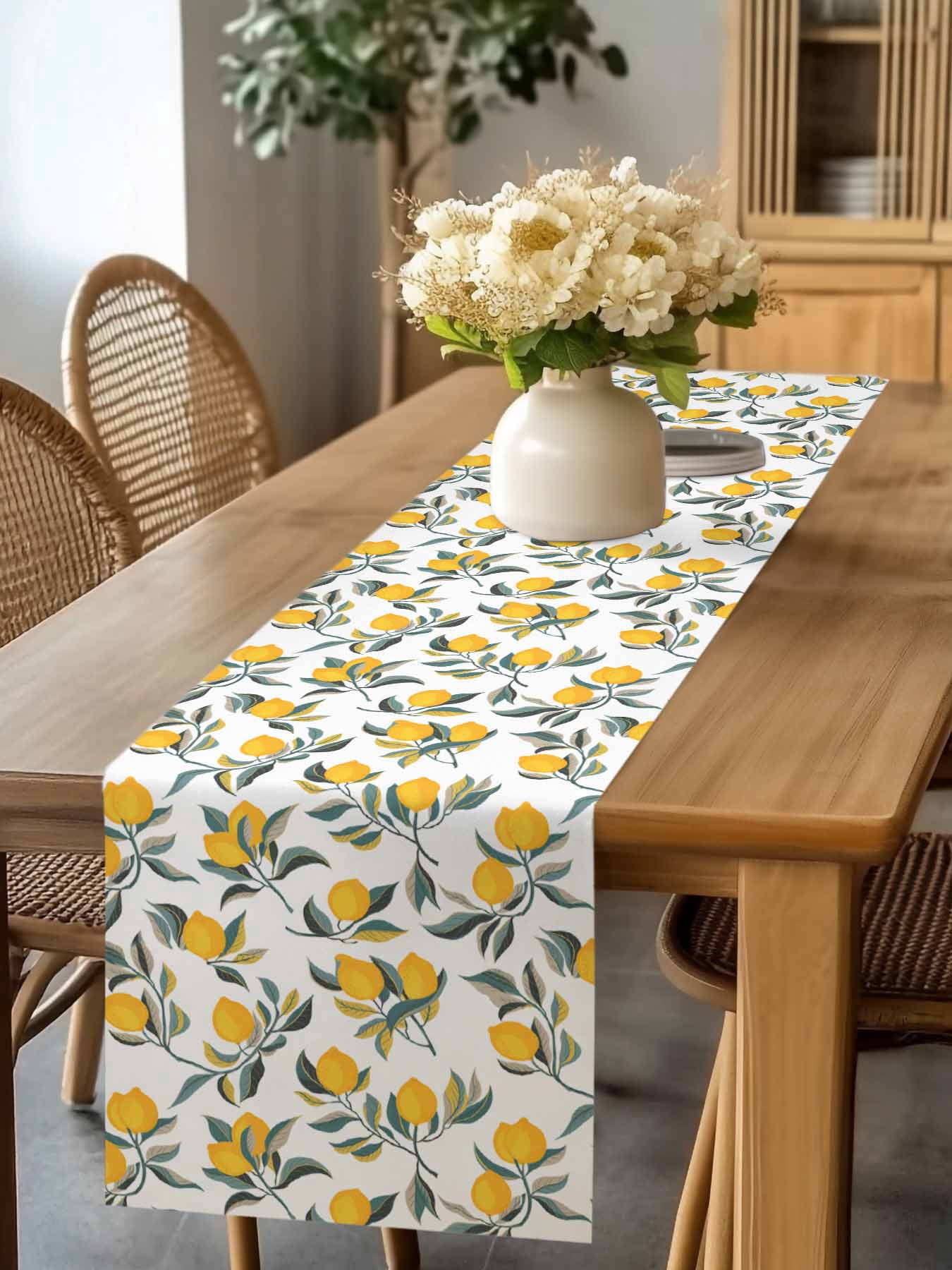 Burlap Table Runner 90 Inches Long, Summer Lemon Leaves Watercolor Non ...