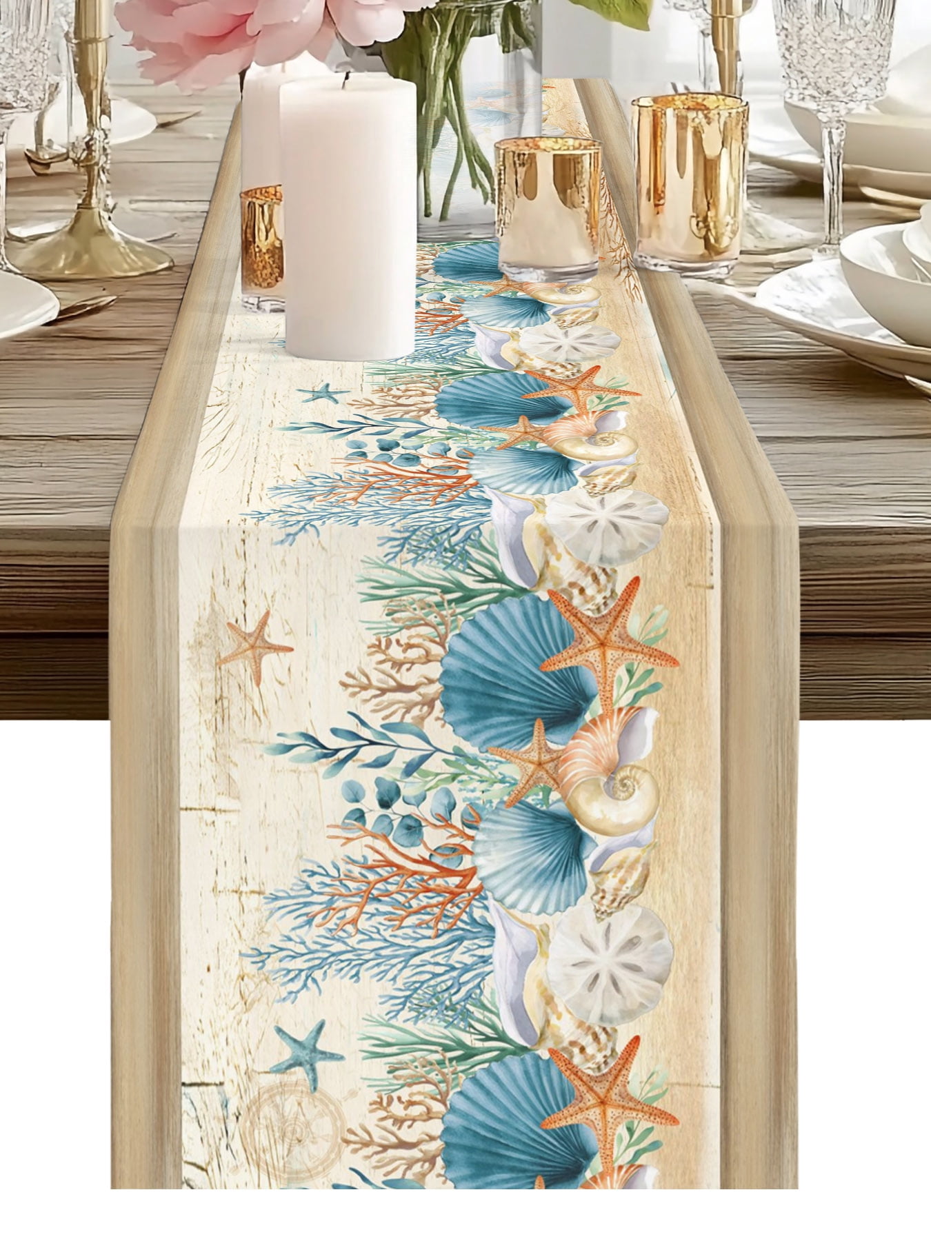 Burlap Table Runner 90 Inches Long, Summer Marine Life Sea Star Shell ...