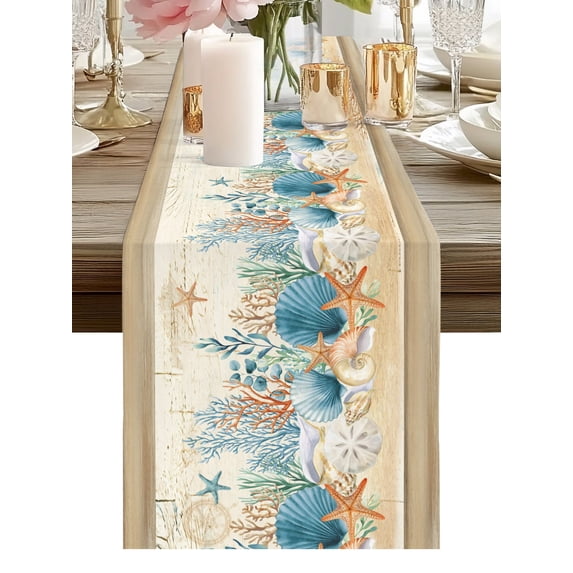 Burlap Table Runner 90 Inches Long, Summer Marine Life Sea Star Shell ...