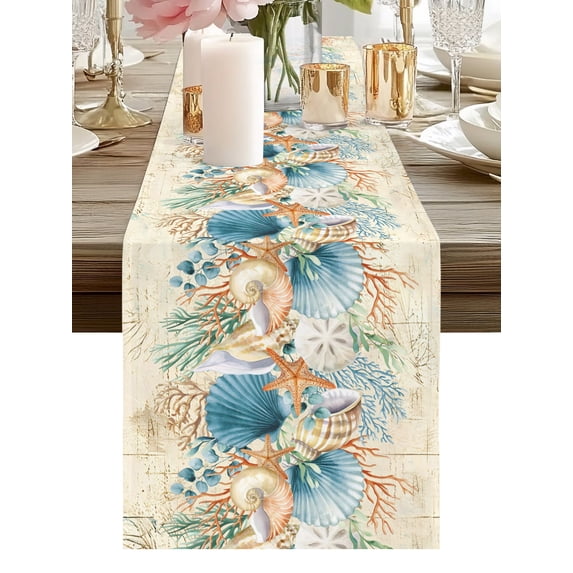 Burlap Table Runner 90 Inches Long, Summer Marine Life Shells Corals ...