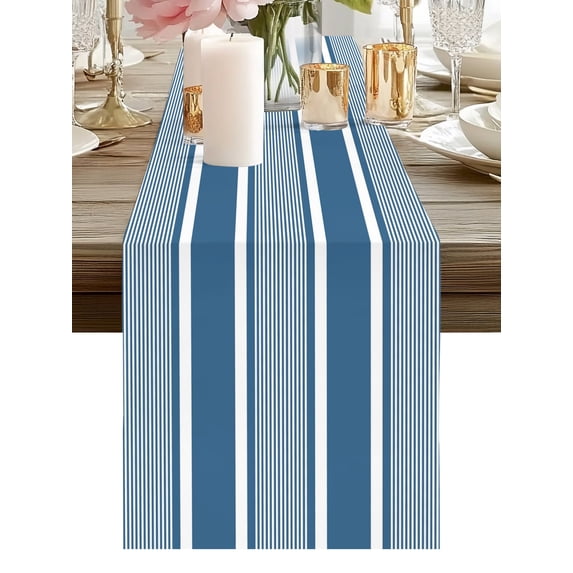Burlap Table Runner 90 Inches Long, Summer Navy Blue White Stripe Non ...