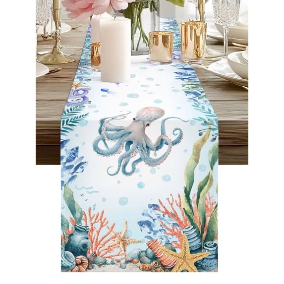Burlap Table Runner 90 Inches Long, Summer Ocean Octopus Coral Non-Slip ...