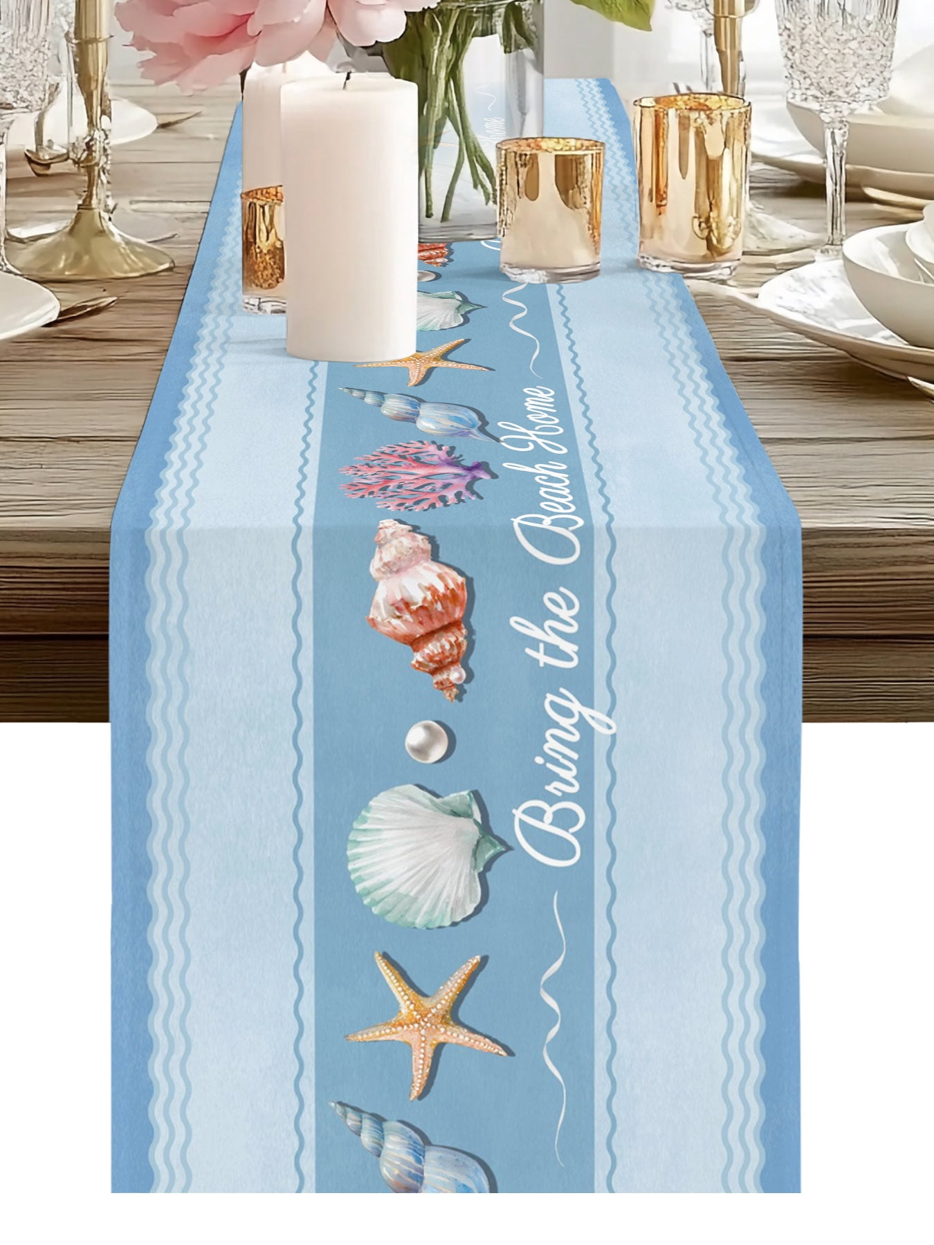 Burlap Table Runner 90 Inches Long, Summer Ocean Shell Conch Coral Non ...