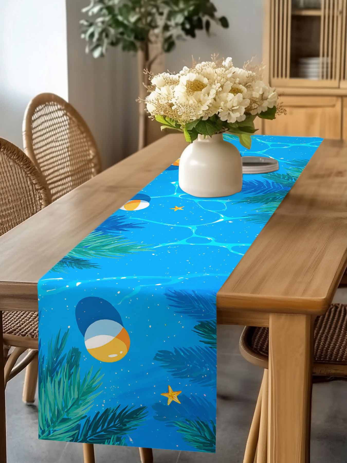 Burlap Table Runner 90 Inches Long, Summer Pool Water Palm Leaves Non ...