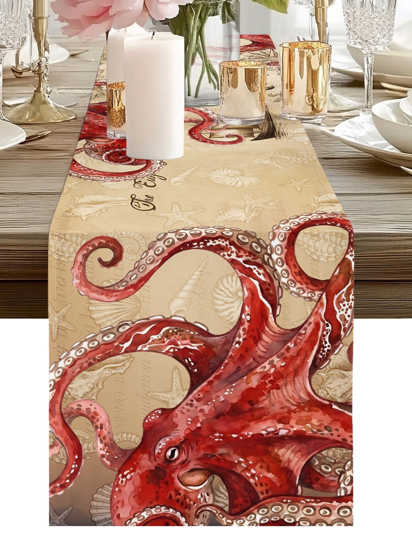 Burlap Table Runner 90 Inches Long, Summer Red Big Octopus Non-Slip ...