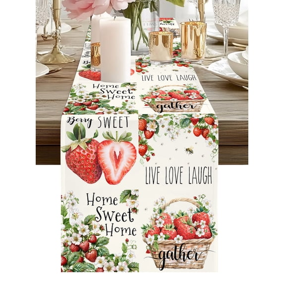 Burlap Table Runner 90 Inches Long, Summer Rustic Strawberry Flower Non ...