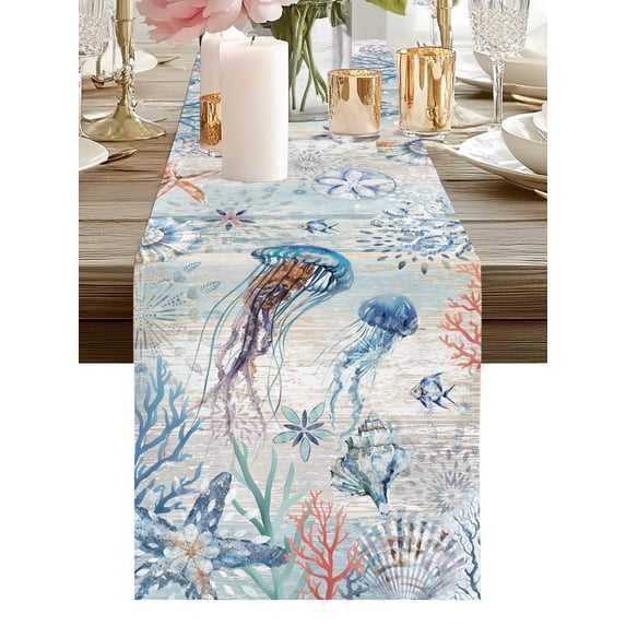 Burlap Table Runner 90 Inches Long, Summer Sea Coral Jellyfish Non-Slip ...