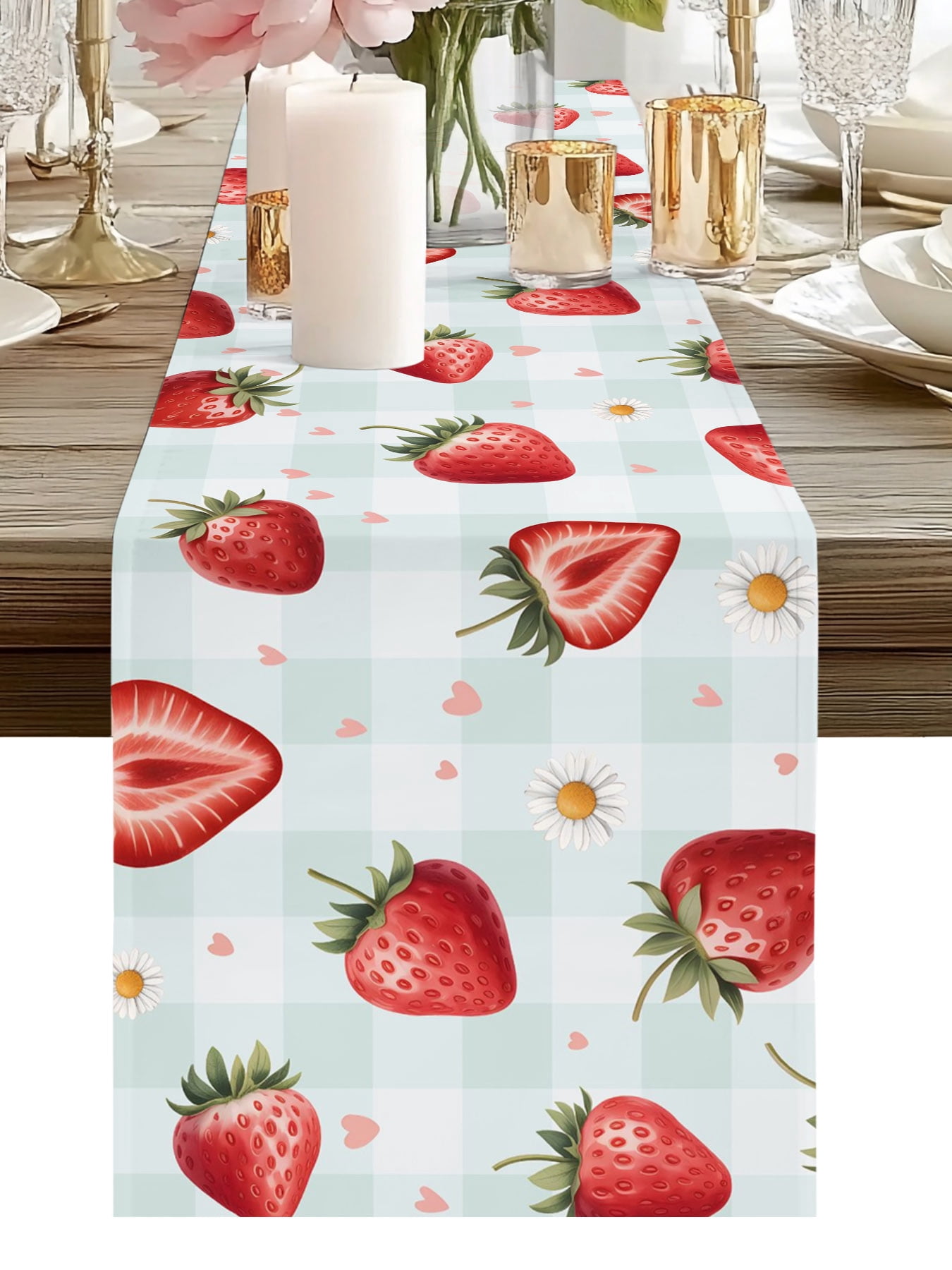 Burlap Table Runner 90 Inches Long, Summer Strawberry Flower Love Heart ...