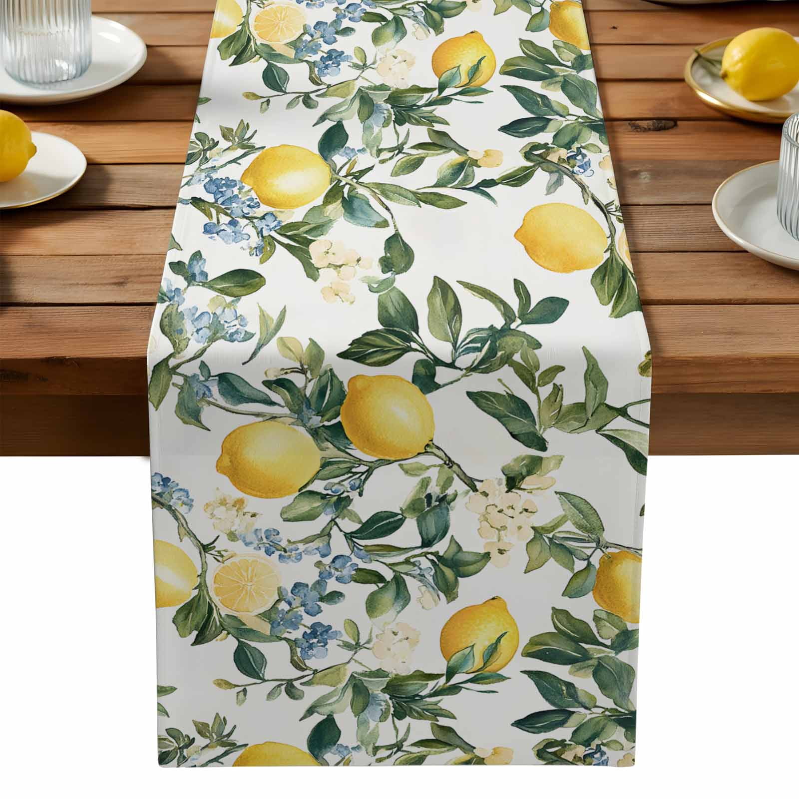 Burlap Table Runner 90 Inches Long, Summer Watercolor Lemon Fruit Non ...