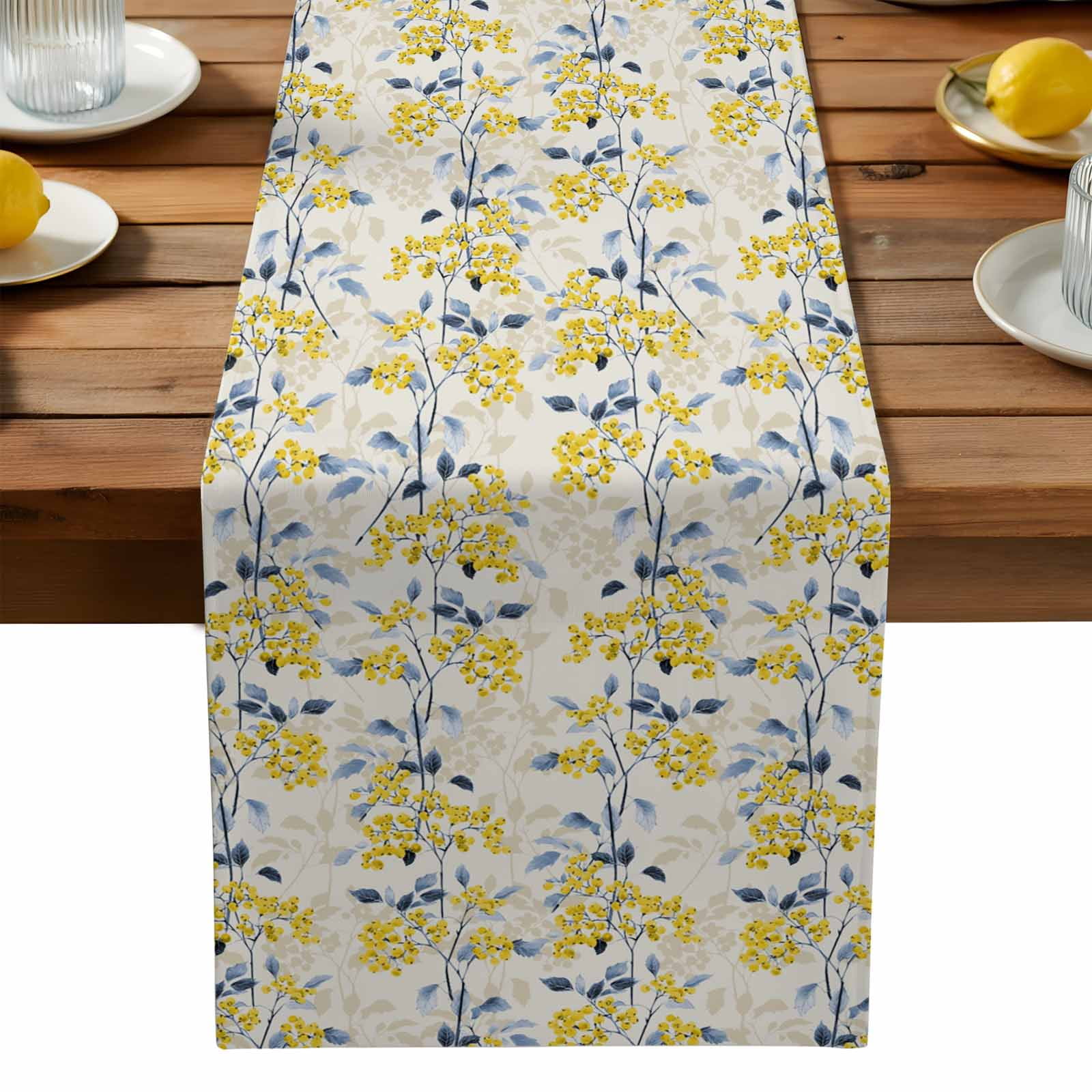 Burlap Table Runner 90 Inches Long,Summer Yellow Flower Leaf Plant Non ...