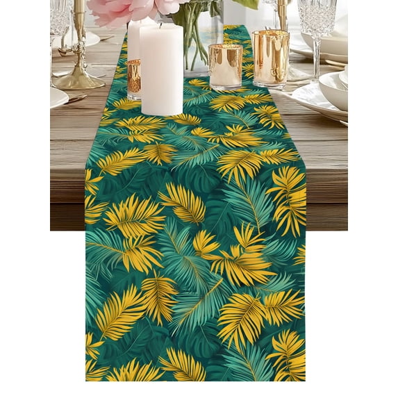Burlap Table Runner 90 Inches Long, Summer Yellow Teal Green Leaves Non ...
