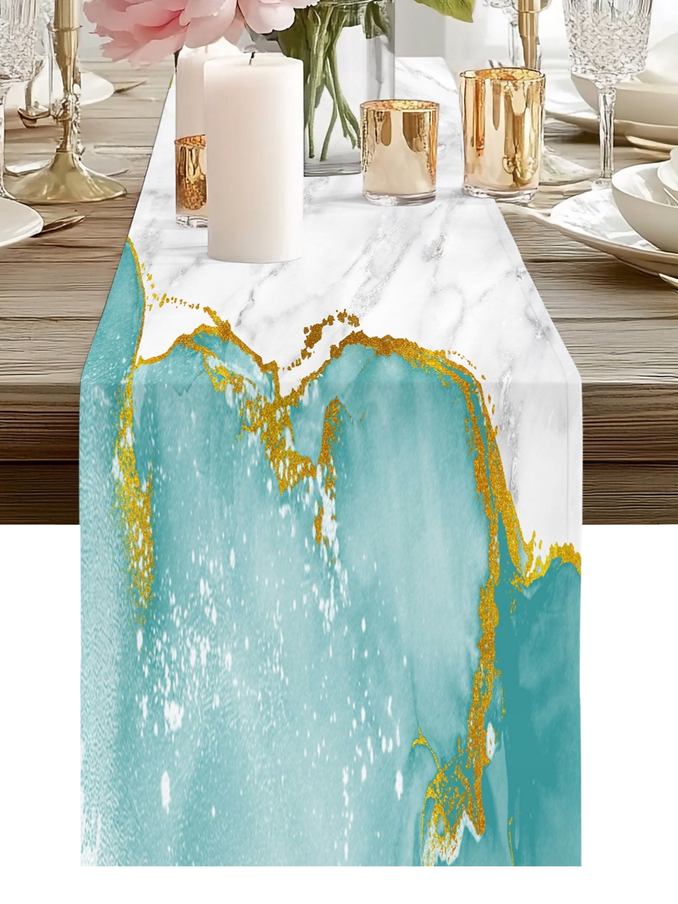 Burlap Table Runner 90 Inches Long, Teal Marble Gray Crack Non-Slip ...