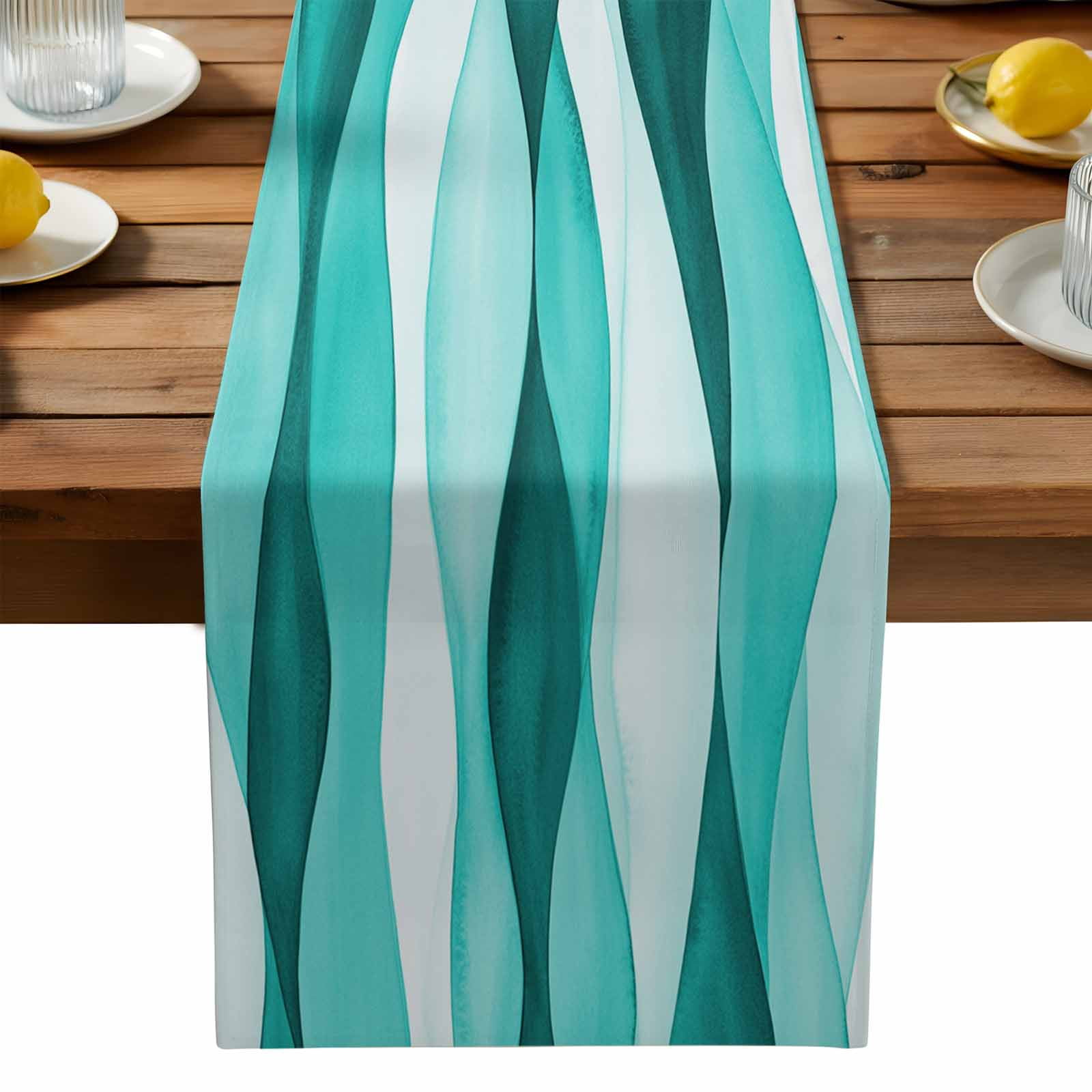 Burlap Table Runner 90 Inches Long,Teal Water Ripple Abstract Geometric ...