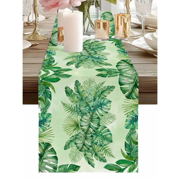 Burlap Table Runner 90 Inches Long, Tropical Green Monstera Non-Slip ...