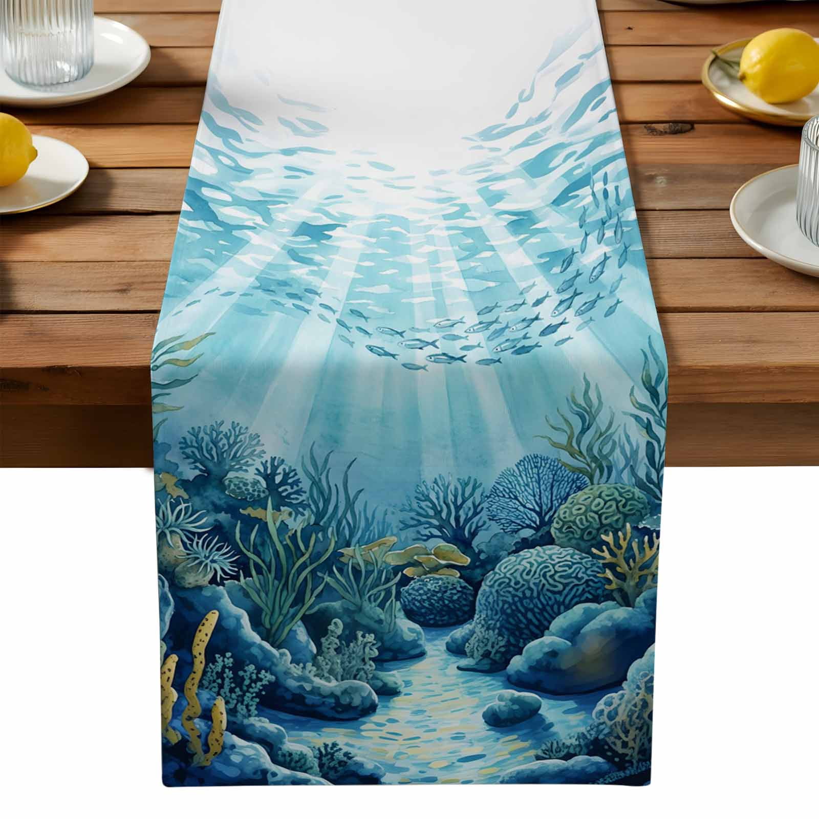 Burlap Table Runner 90 Inches Long, Underwater World Coral Seaweed Non ...