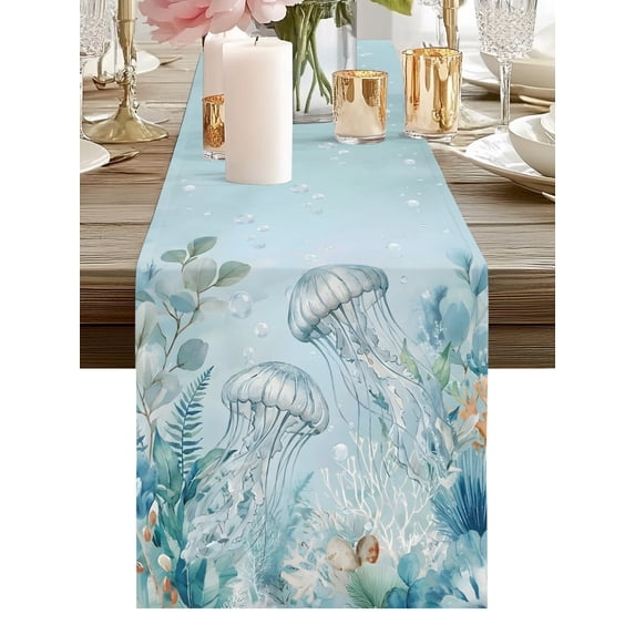 Burlap Table Runner 90 Inches Long, Underwater World Jellyfish Coral ...