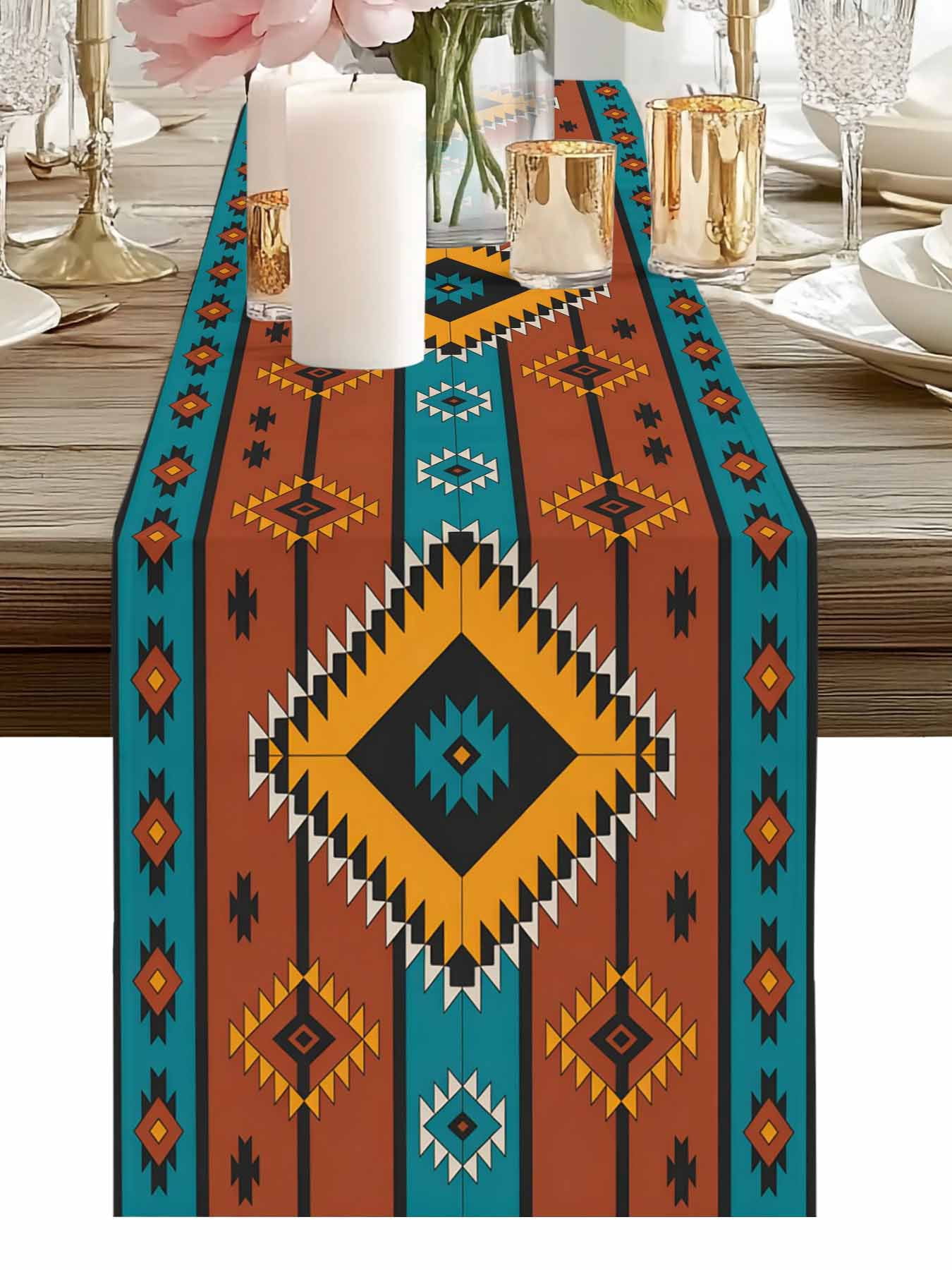 Burlap Table Runner 90 Inches Long, Vintage Aztec Pattern Non-Slip ...
