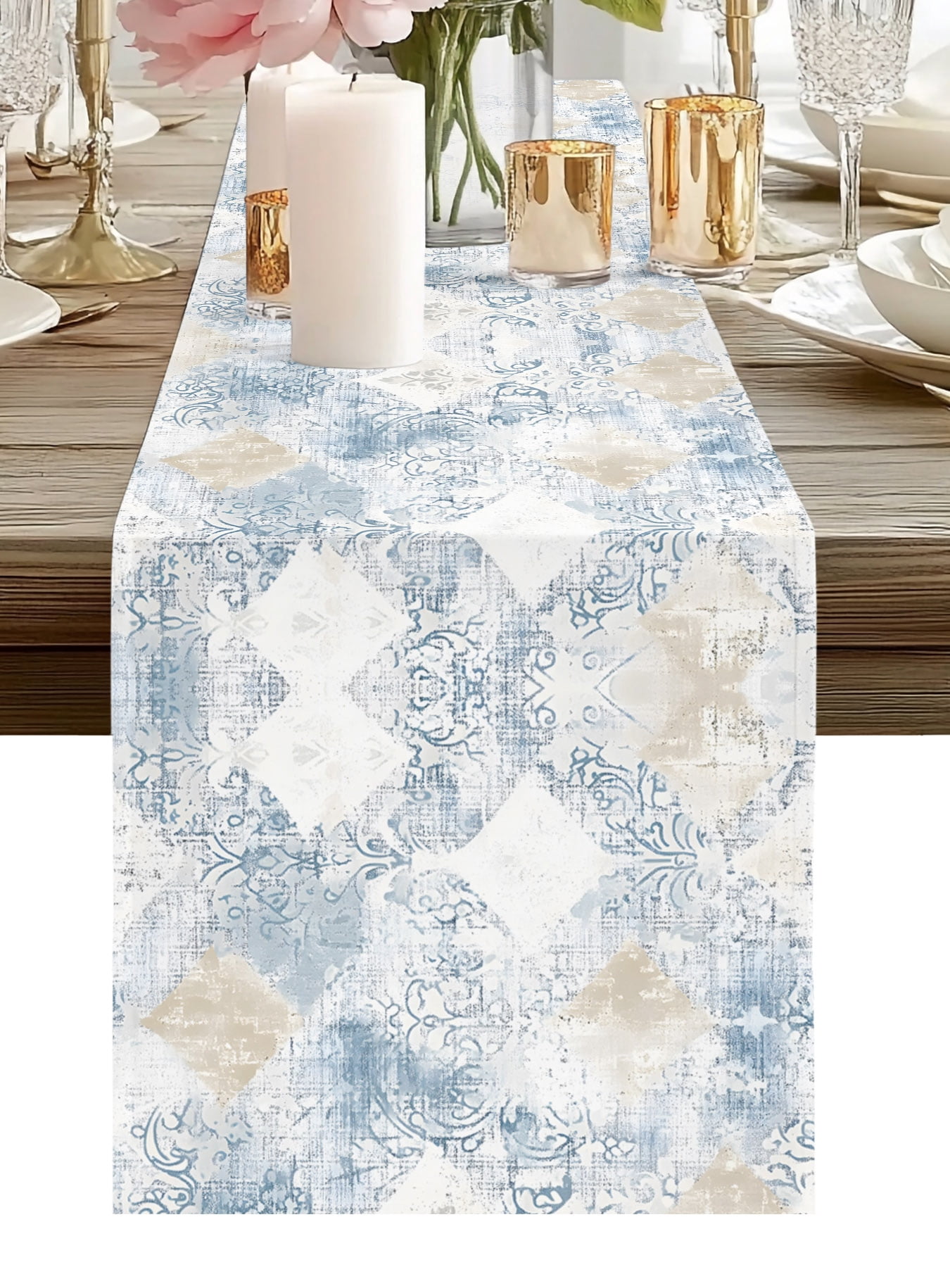 Burlap Table Runner 90 Inches Long, Vintage Boho Abstract Flower Non ...