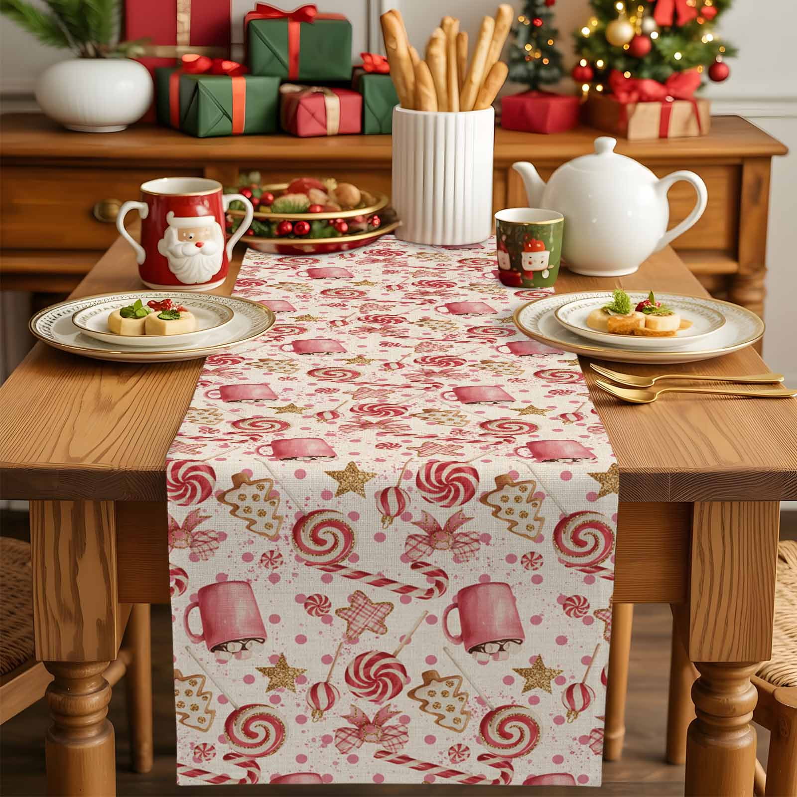 Burlap Table Runner 90 Inches Long,Vintage Christmas Candy Cane Non ...