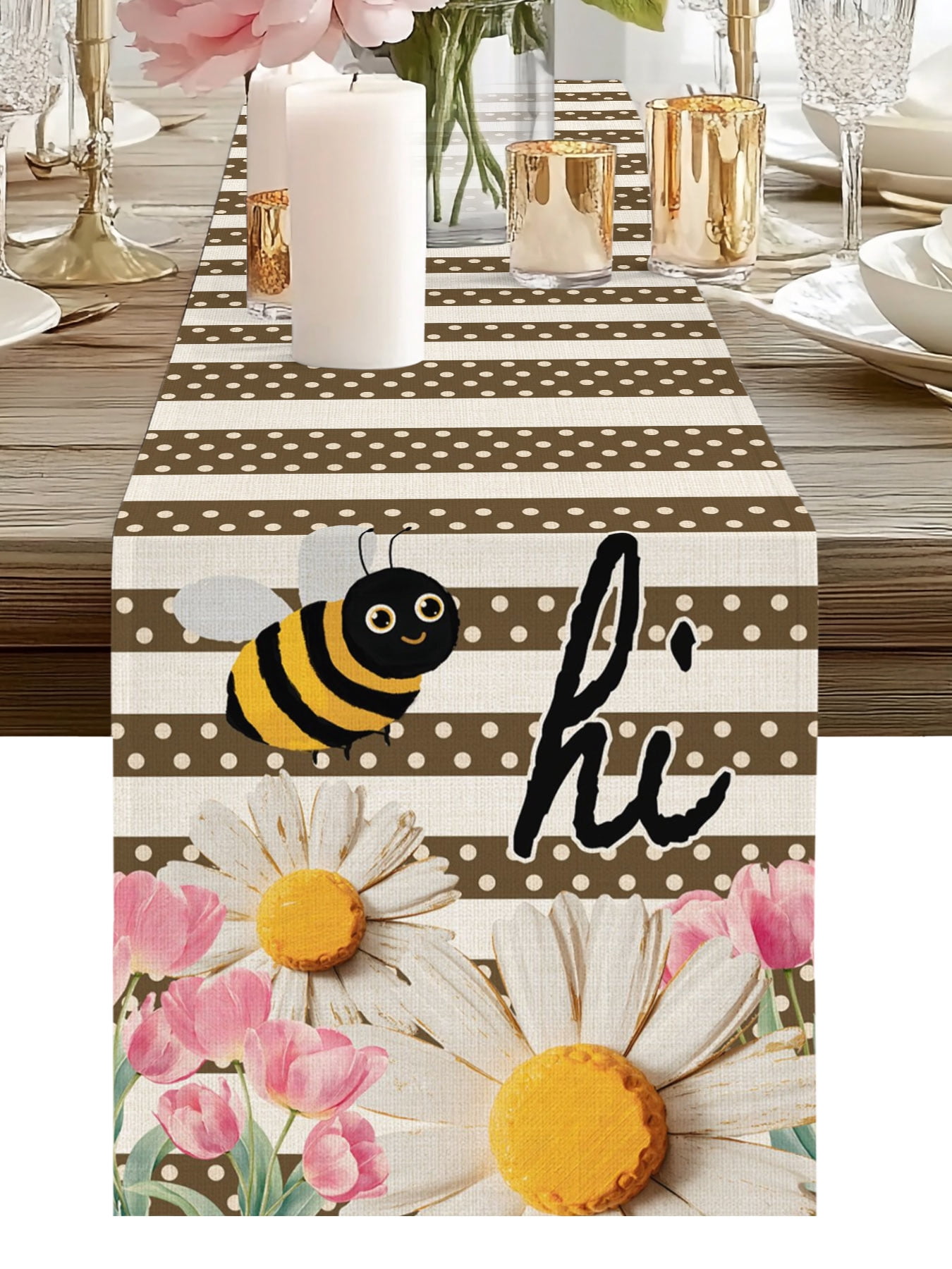 Burlap Table Runner 90 Inches Long, Vintage Daisy Pink Tulips Leaves ...
