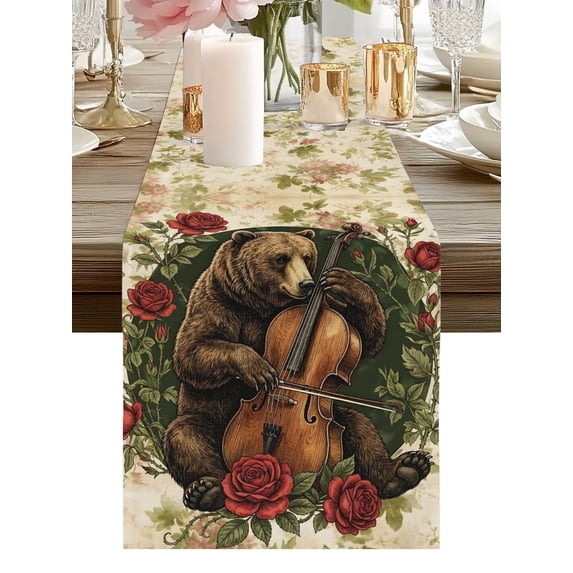 Burlap Table Runner 90 Inches Long, Vintage Musical Bear Cello Rose Non ...