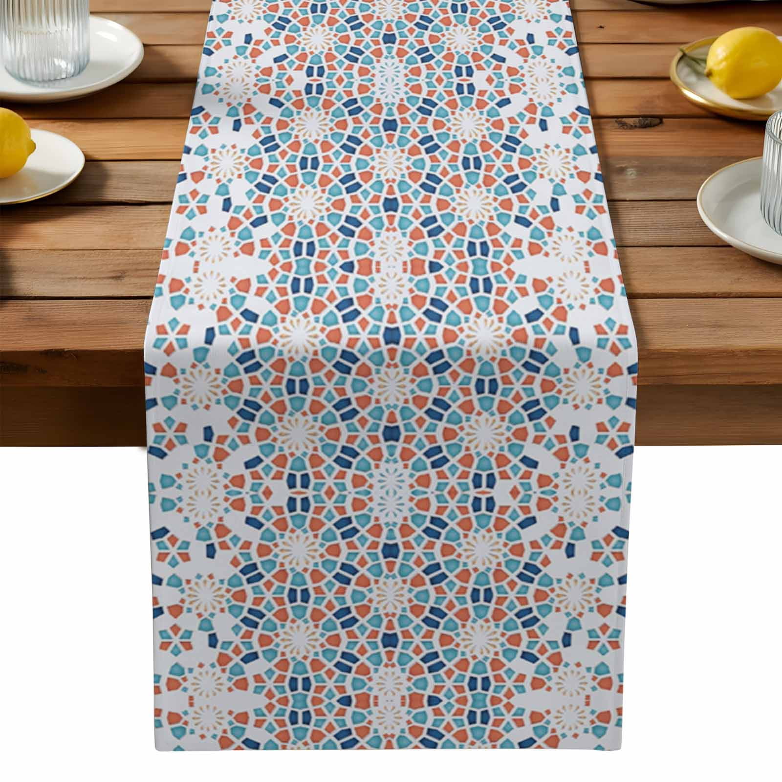 Burlap Table Runner 90 Inches Long,Vintage Orange Blue Splicing Circle ...