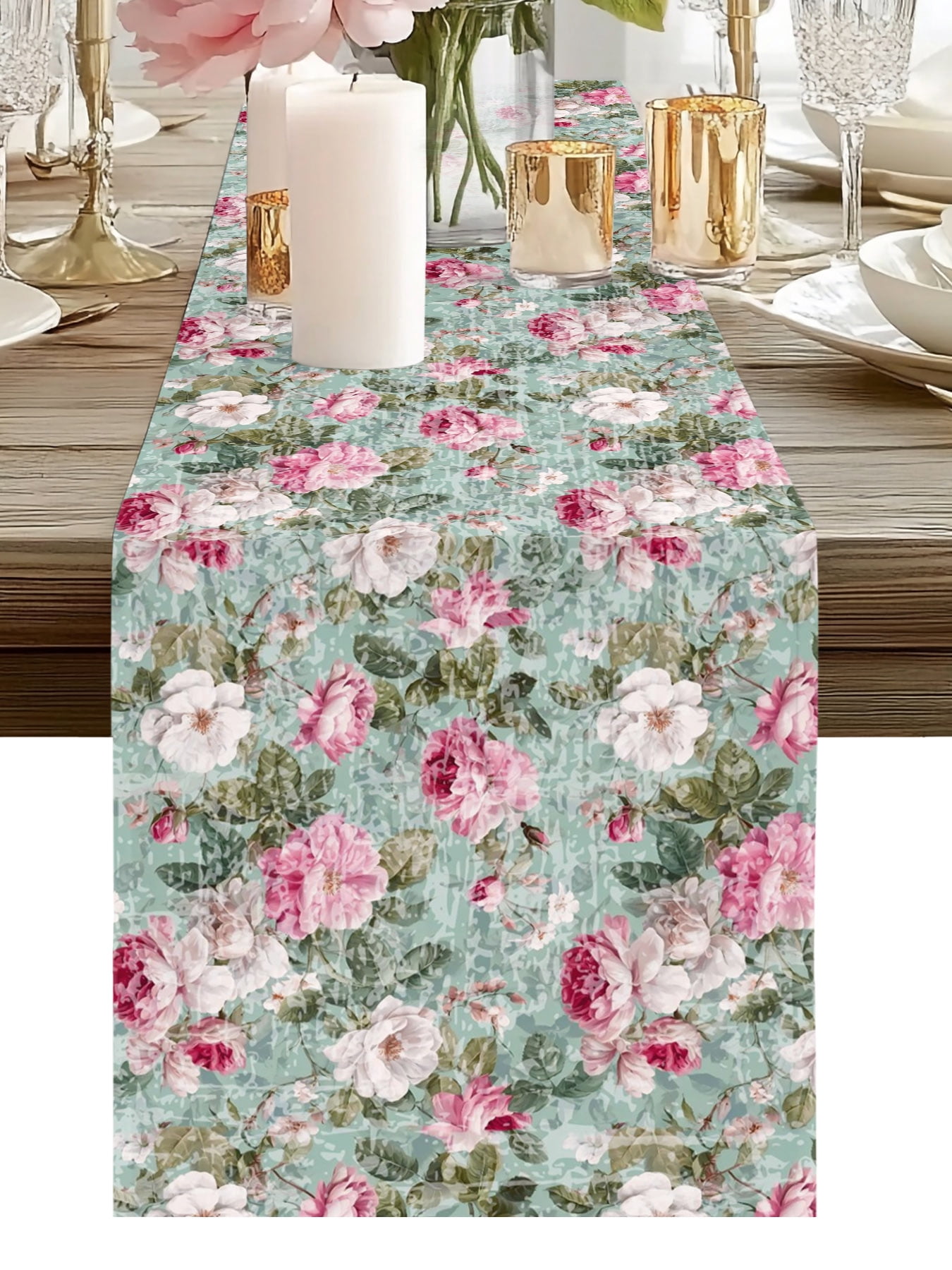 Burlap Table Runner 90 Inches Long, Vintage Pastoral Blossom Floral Non ...