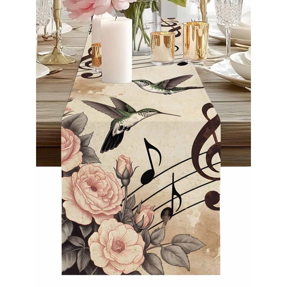 Burlap Table Runner 90 Inches Long, Vintage Pink Roses Honeybirds Music ...