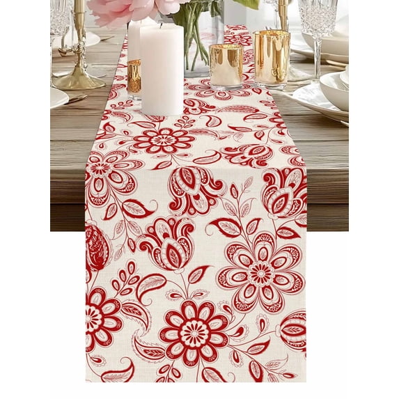 Burlap Table Runner 90 Inches Long, Vintage Red Flower Leaf Pattern Non ...