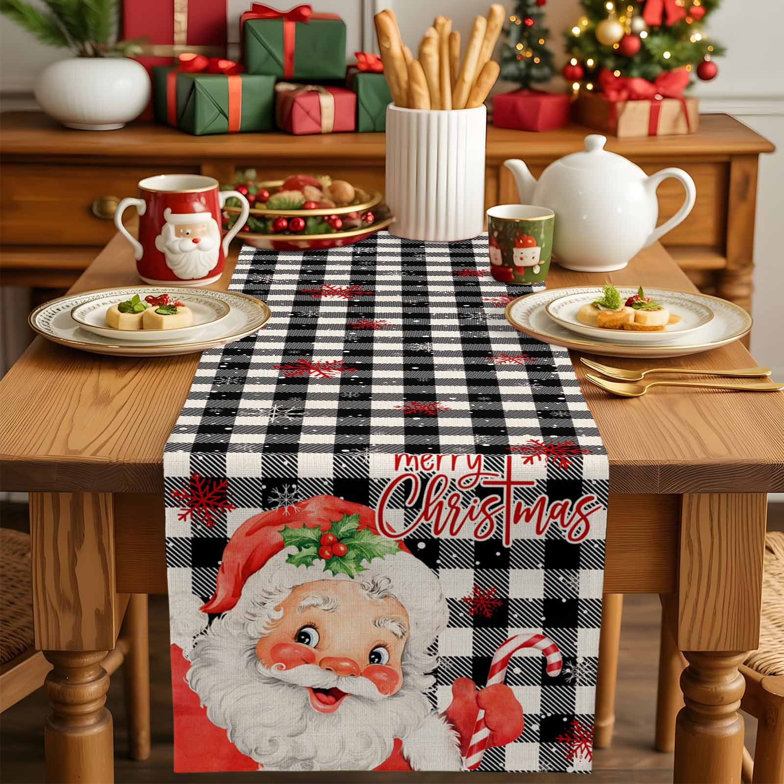 Burlap Table Runner 90 Inches Long,Vintage Santa Claus Non-Slip Kitchen ...