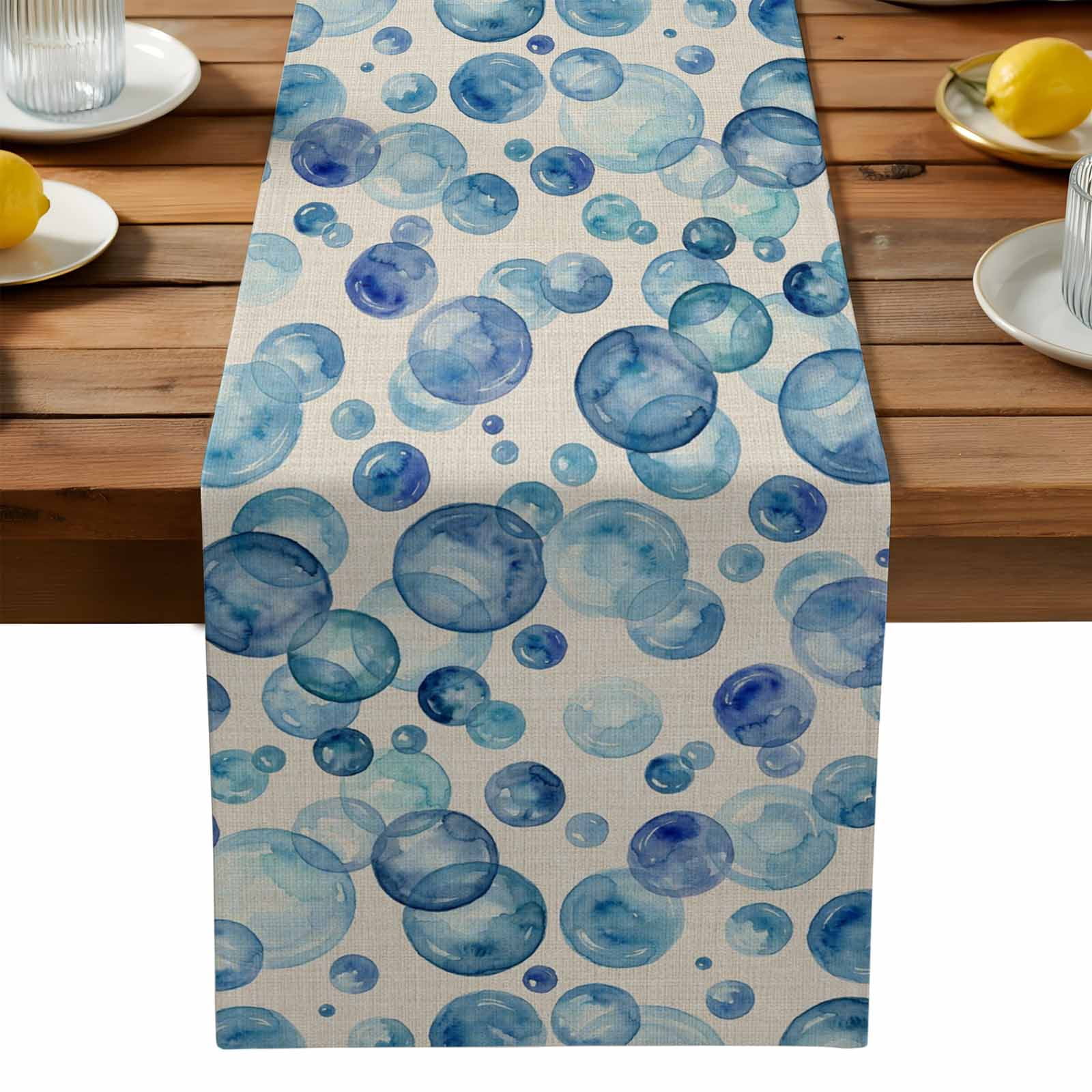 Burlap Table Runner 90 Inches Long,Vintage Summer Oceans Blue Bubbles ...