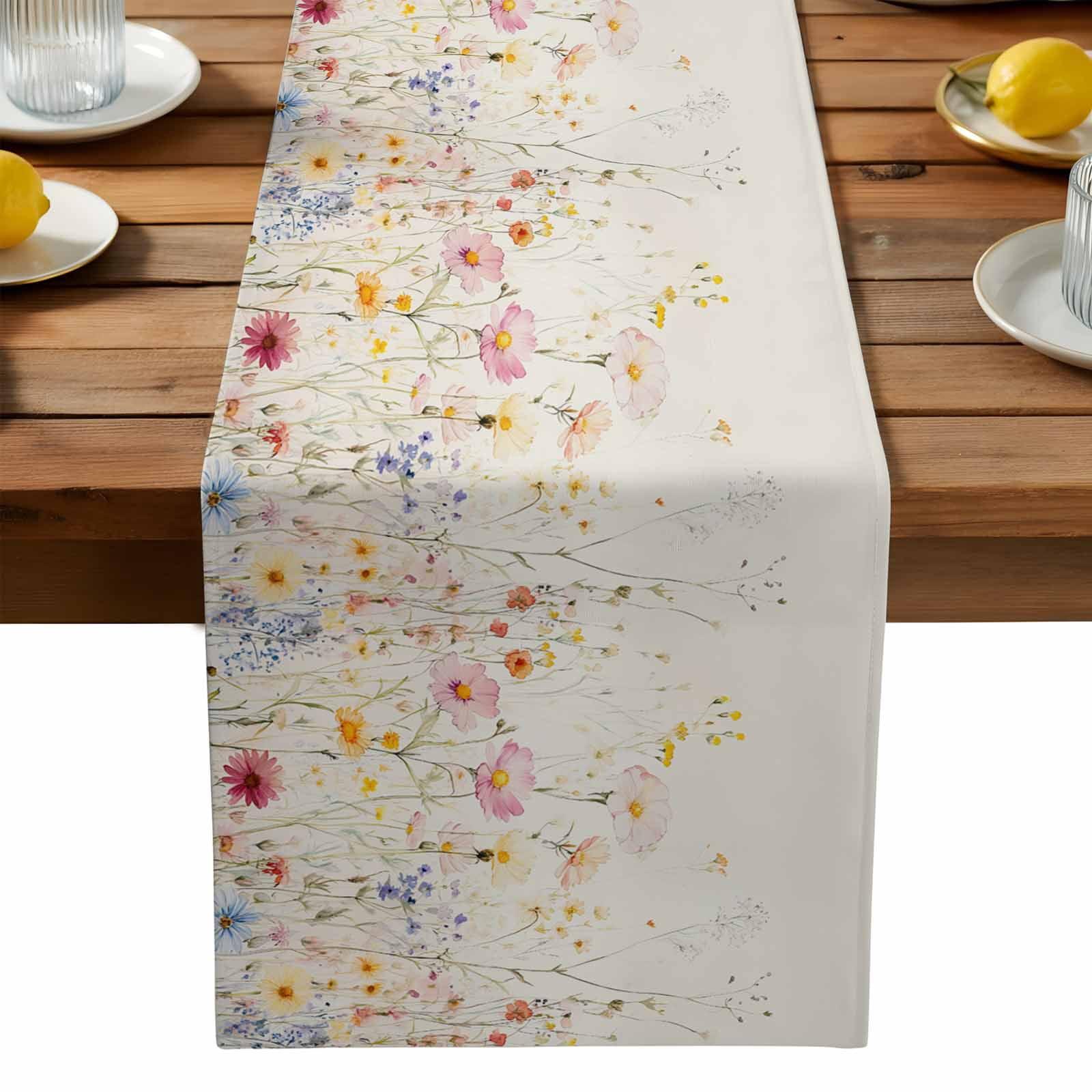 Burlap Table Runner 90 Inches Long, Vintage Watercolor Garden Flower ...