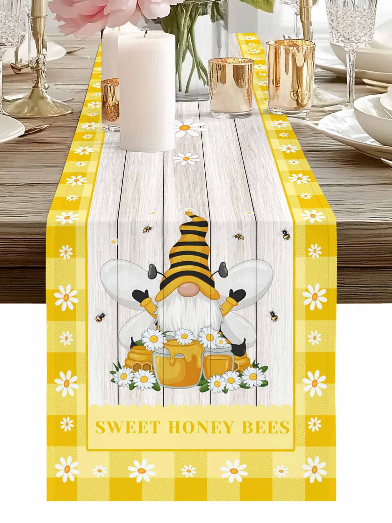 Burlap Table Runner 90 Inches Long, Watercolor Bee Dwarfs Non-Slip ...