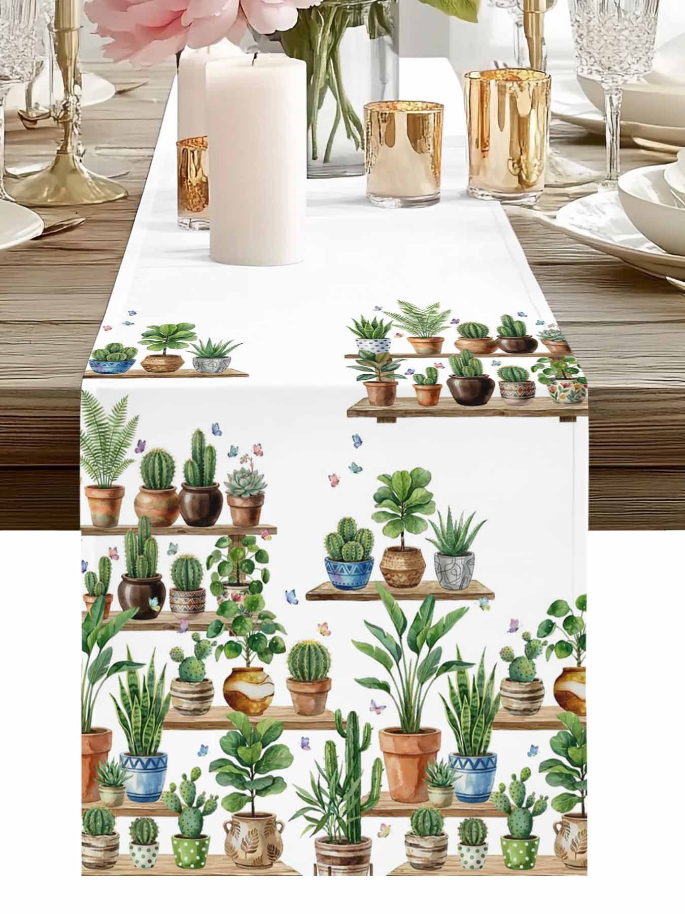 Burlap Table Runner 90 Inches Long, Watercolor Cactus Potted Plant Non ...
